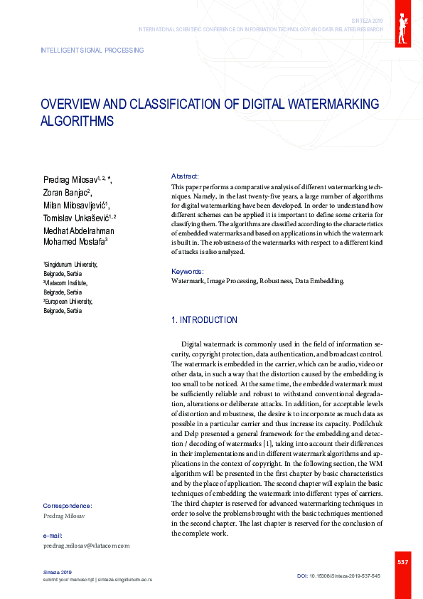 (PDF) Overview and Classification of Digital Watermarking Algorithms