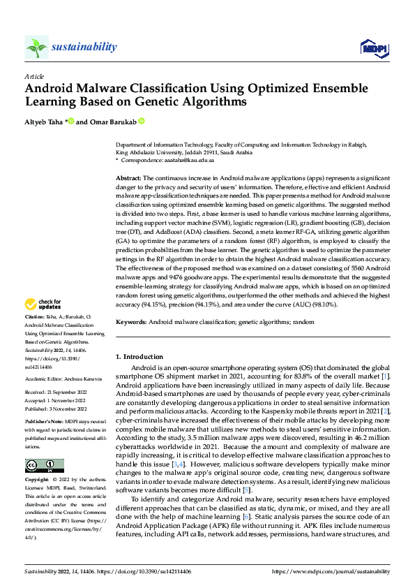 (PDF) Android Malware Classification Using Optimized Ensemble Learning Based on Genetic Algorithms
