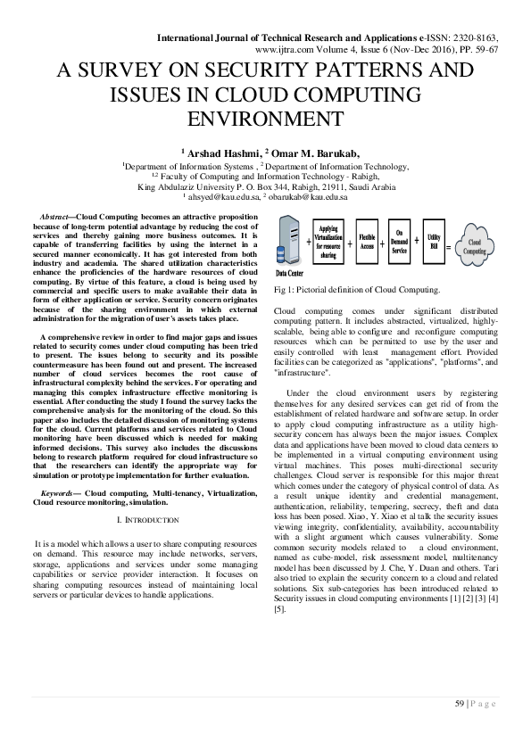 (PDF) A Survey on Security Patterns and Issues in Cloud Computing Environment