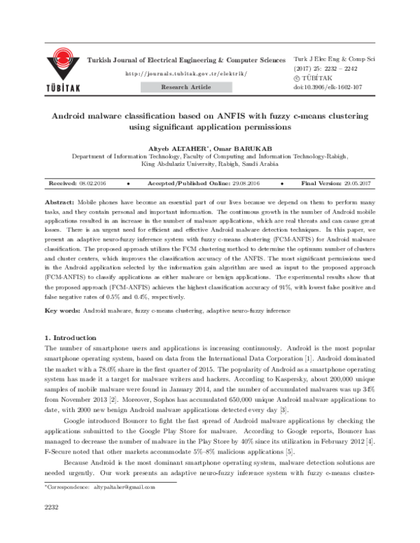 (PDF) Android malware classification based on ANFIS with fuzzy c-means clustering using ...
