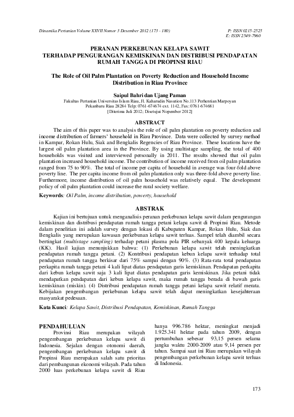 (PDF) The Role of Oil Palm Plantation on Poverty Reduction and Household Income Distribution in ...