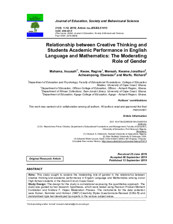 (PDF) Relationship between Creative Thinking and Students Academic Performance in English ...