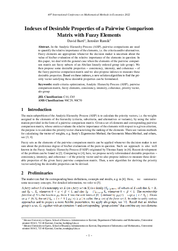 (PDF) Fuzzy Pairwise Comparison Matrix Properties