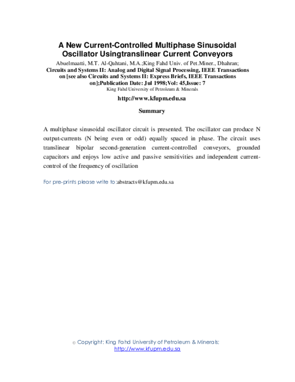 Pdf A New Current Controlled Multiphase Sinusoidal Oscillator Using
