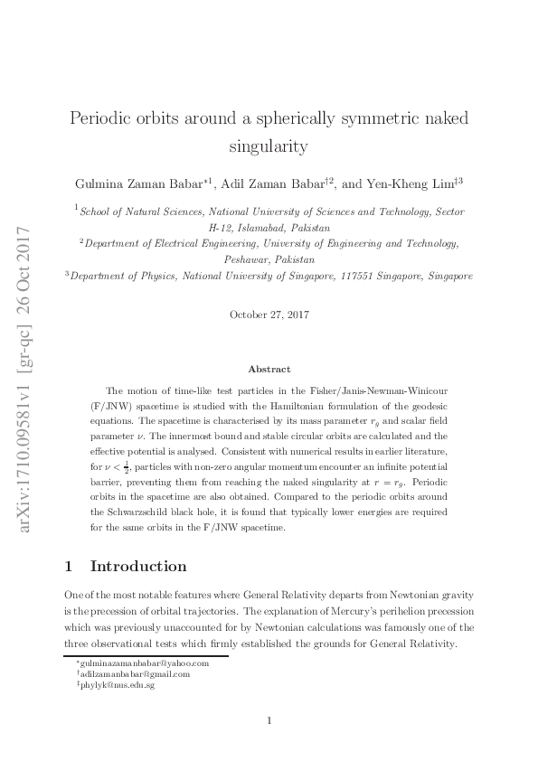 (PDF) Periodic orbits around a spherically symmetric naked singularity