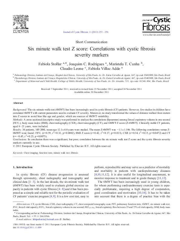 (PDF) Six minute walk test Z score: Correlations with cystic fibrosis ...