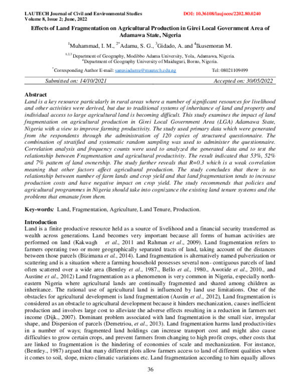 (PDF) Effects of Land Fragmentation on Agricultural Production in Girei ...