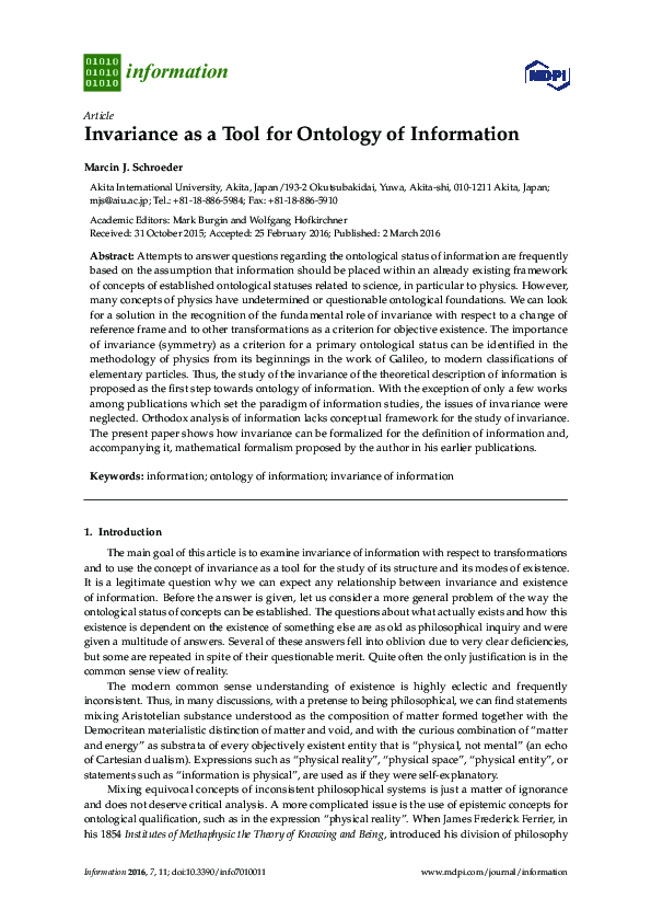(PDF) Invariance as a Tool for Ontology of Information