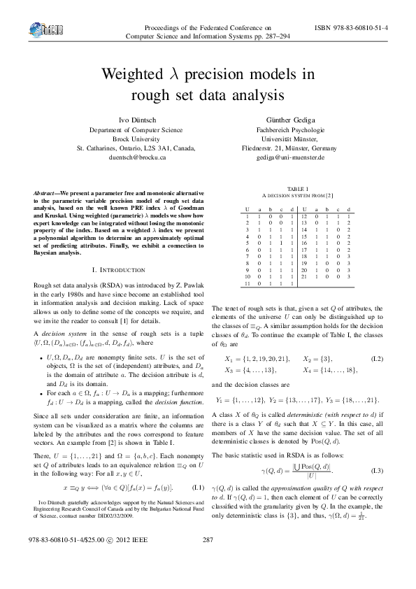 (PDF) Weighted lambda precision models in rough set data analysis