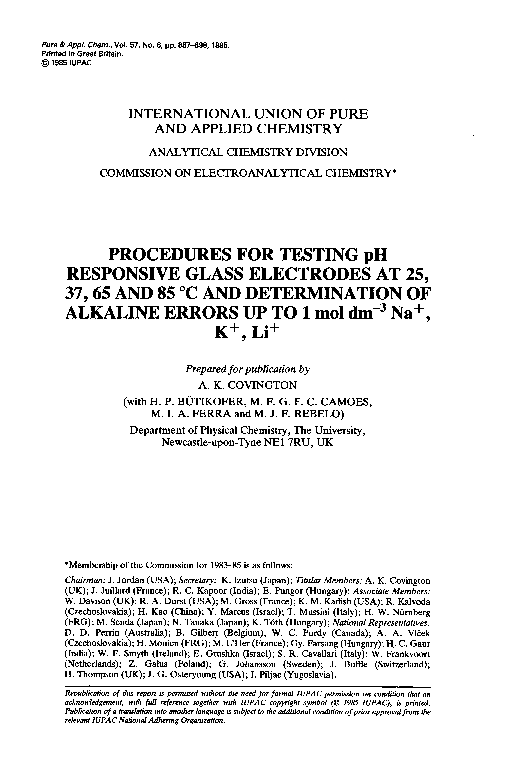 Procedures for testing pH responsive glass electrodes at 25, 37, 65 and ...