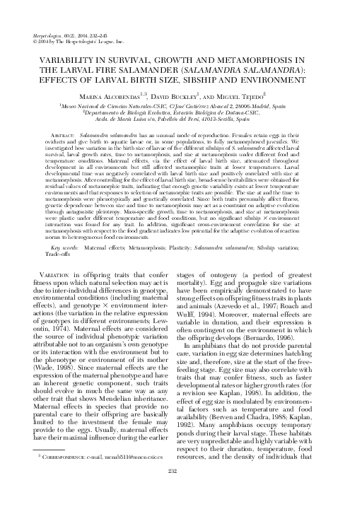 (PDF) Variability in Survival, Growth and Metamorphosis in the Larval ...