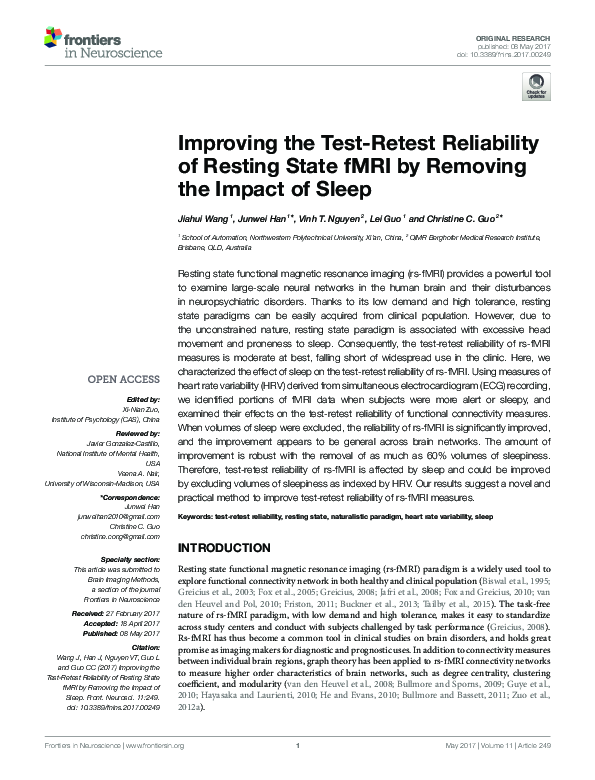 Pdf Improving The Test Retest Reliability Of Resting State Fmri By Removing The Impact Of Sleep