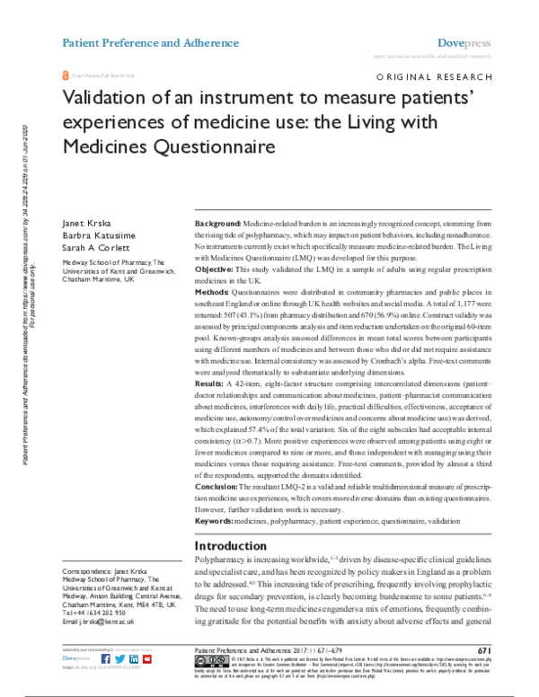 (PDF) Validation of an instrument to measure patients’ experiences of ...