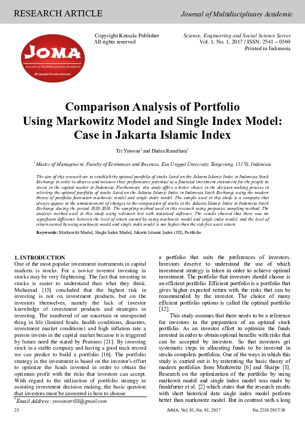 Pdf Comparison Analysis Of Portfolio Using Markowitz Model And Single Index Model Case In