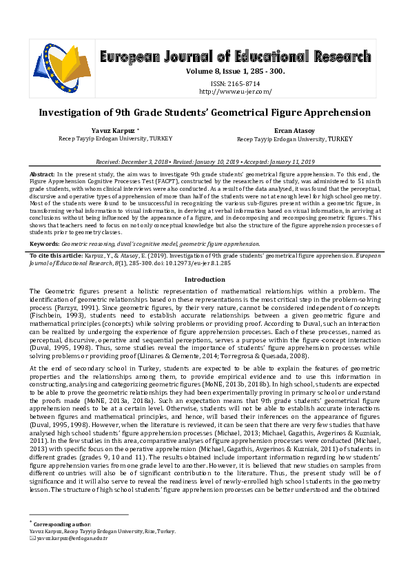 (PDF) Investigation of 9th Grade Students’ Geometrical Figure Apprehension
