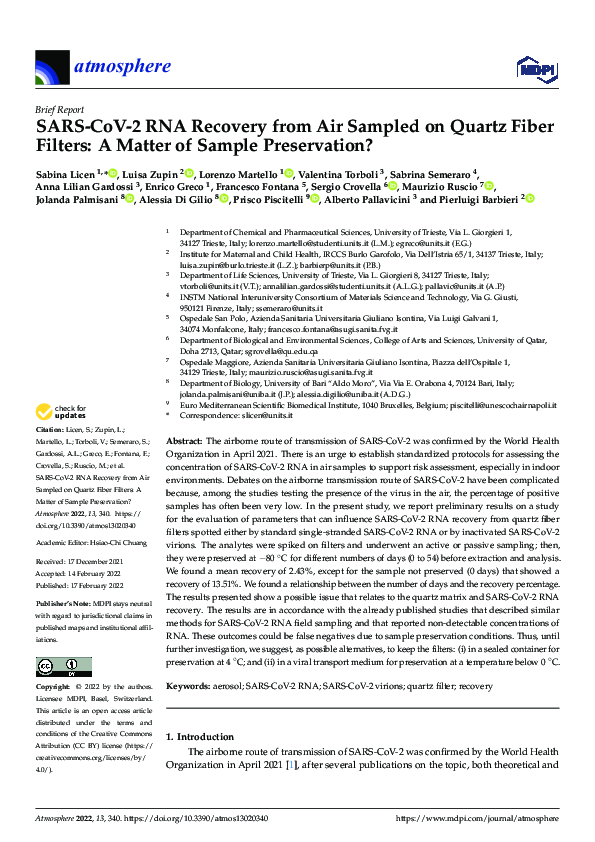 (PDF) SARS-CoV-2 RNA Recovery from Air Sampled on Quartz Fiber Filters ...