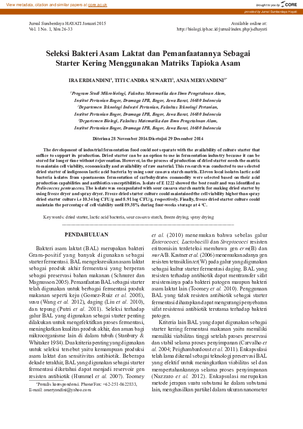 (PDF) Seleksi Bakteri Asam Laktat dan Pemanfaatannya Sebagai Starter Kering Menggunakan Matriks ...