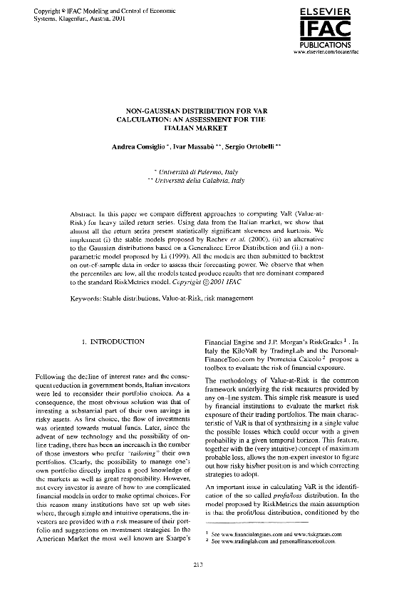 (PDF) Non-Gaussian Distribution for Var Calculation | Ivar Massabo' - Academia.edu
