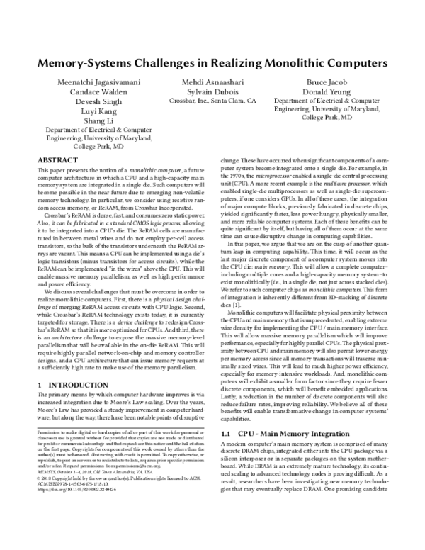 (PDF) Memory-systems challenges in realizing monolithic computers