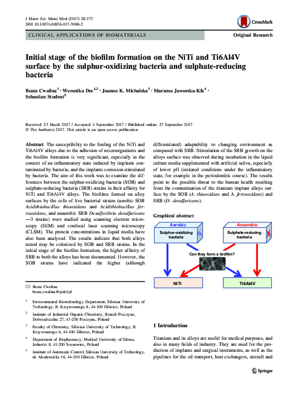 (PDF) Initial stage of the biofilm formation on the NiTi and Ti6Al4V surface by the sulphur ...