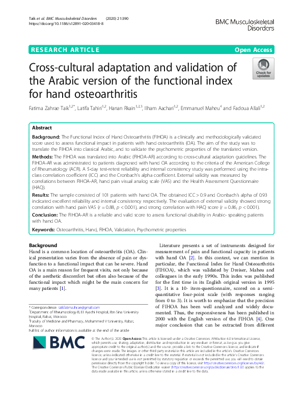 Pdf Cross Cultural Adaptation And Validation Of The Arabic Version Of The Functional Index For