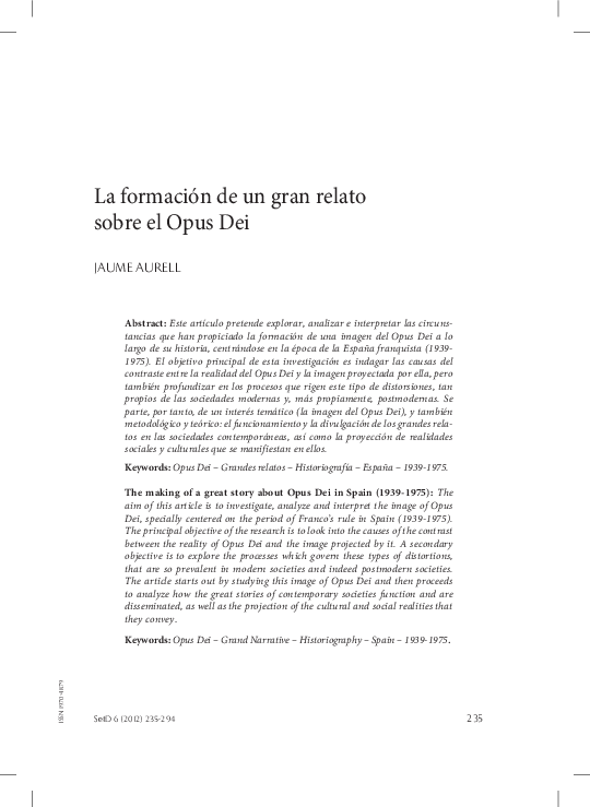 Pdf Vol 6 2012 La Formación De Un Gran Relato Sobre El Opus Dei