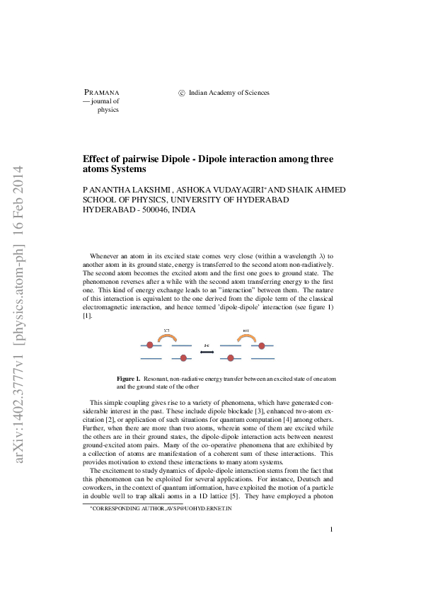 (PDF) Effect of pairwise dipole–dipole interaction among three-atom systems