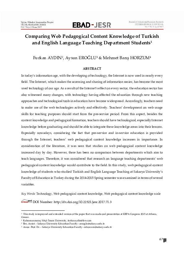 (PDF) Comparing Web Pedagogical Content Knowledge of Turkish and English Language Teaching ...