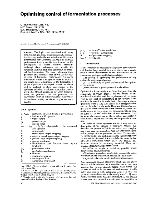 (PDF) Optimising control of fermentation processes