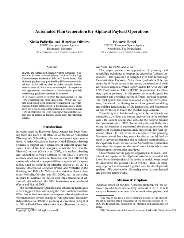 (PDF) Automated Plan Generation for Alphasat Payload Operations