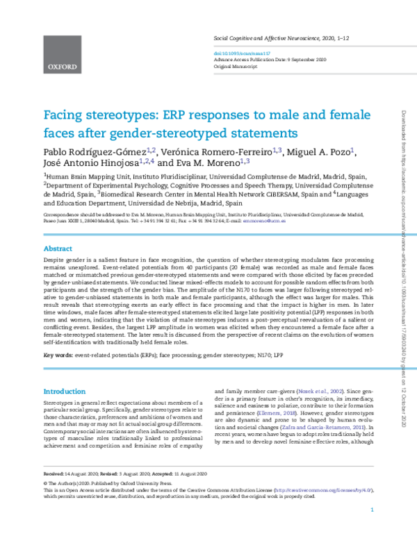Pdf Facing Stereotypes Erp Responses To Male And Female Faces After Gender Stereotyped Statements 
