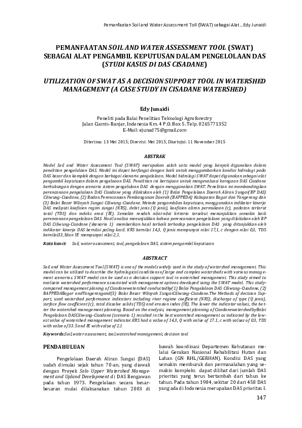 (PDF) Pemanfaatan Soil And Water Assessment Tool (Swat) Sebagai Alat Pengambil Keputusan Dalam ...