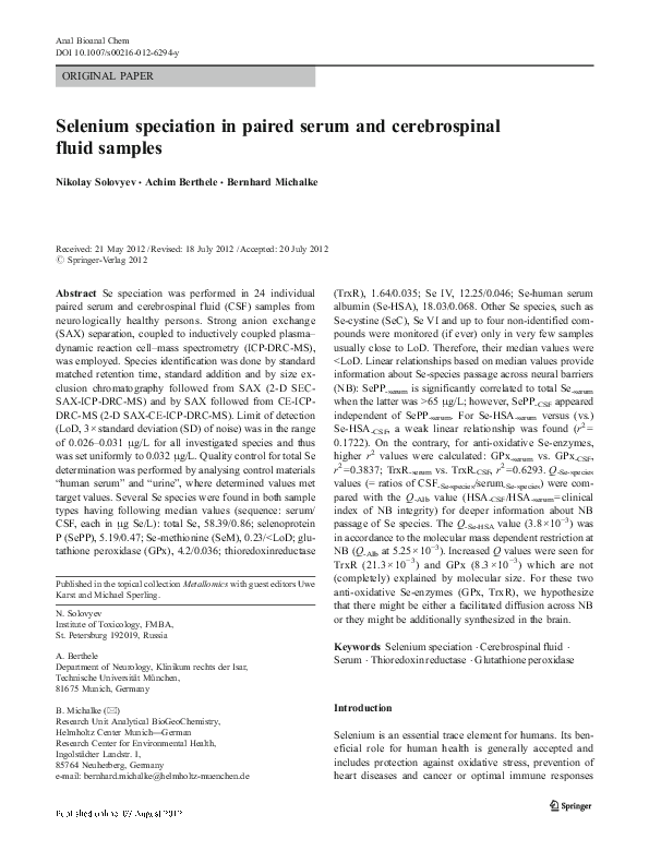 (PDF) Selenium speciation in paired serum and cerebrospinal fluid samples