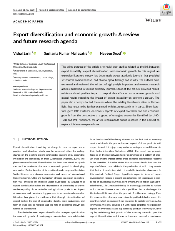 (PDF) Export diversification and economic growth: A review and future ...