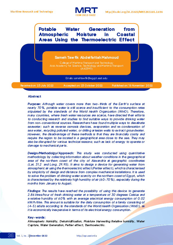 (PDF) Potable Water Generation from Atmospheric Moisture in Coastal ...