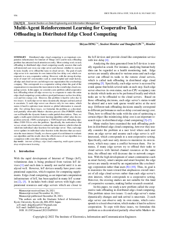 Pdf Multi Agent Reinforcement Learning For Cooperative Task Offloading In Distributed Edge