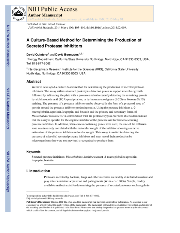 (PDF) A culture-based method for determining the production of secreted ...