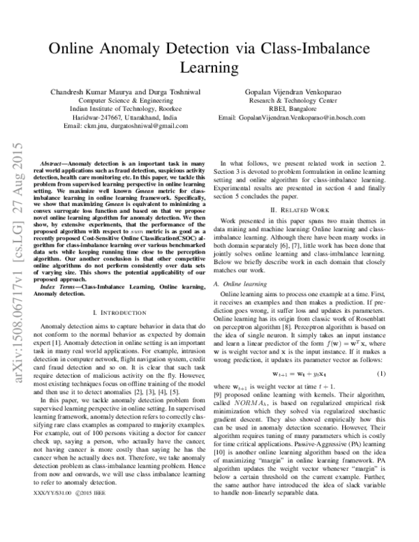 Pdf Online Anomaly Detection Via Class Imbalance Learning