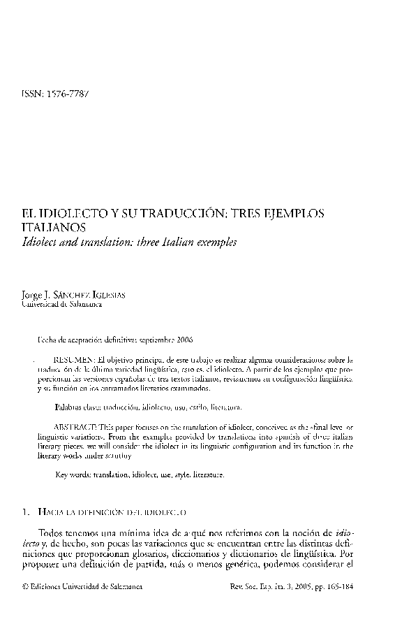 (PDF) El idiolecto y su traducción: tres ejemplos italianos