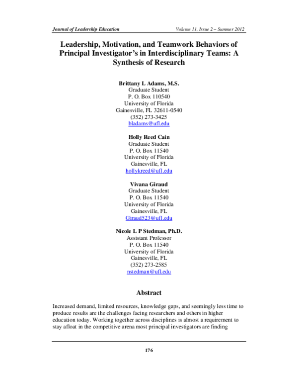 (PDF) Leadership, Motivation, and Teamwork Behaviors of Principal Investigator’s in ...
