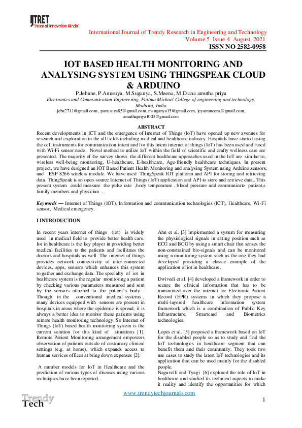 (PDF) IOT BASED HEALTH MONITORING AND ANALYSING SYSTEM USING THINGSPEAK CLOUD & ARDUINO
