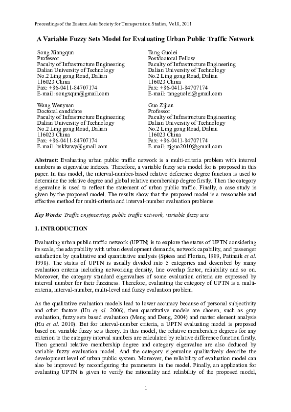 (PDF) A Variable Fuzzy Sets Model for Evaluating Urban Public Traffic Network