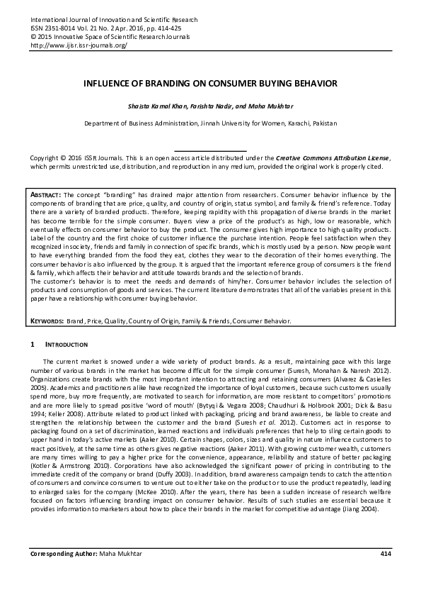 (PDF) Influence of Branding on Consumer Buying Behavior
