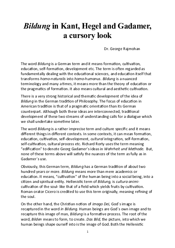 (DOC) Bildung in Kant, Hegel and Gadamer, a cursory look