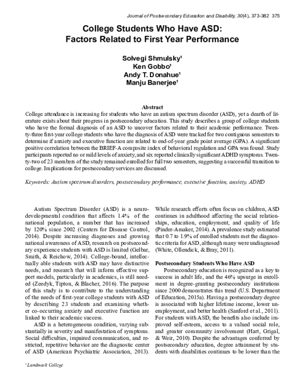 (PDF) College Students Who Have ASD: Factors Related to First Year ...