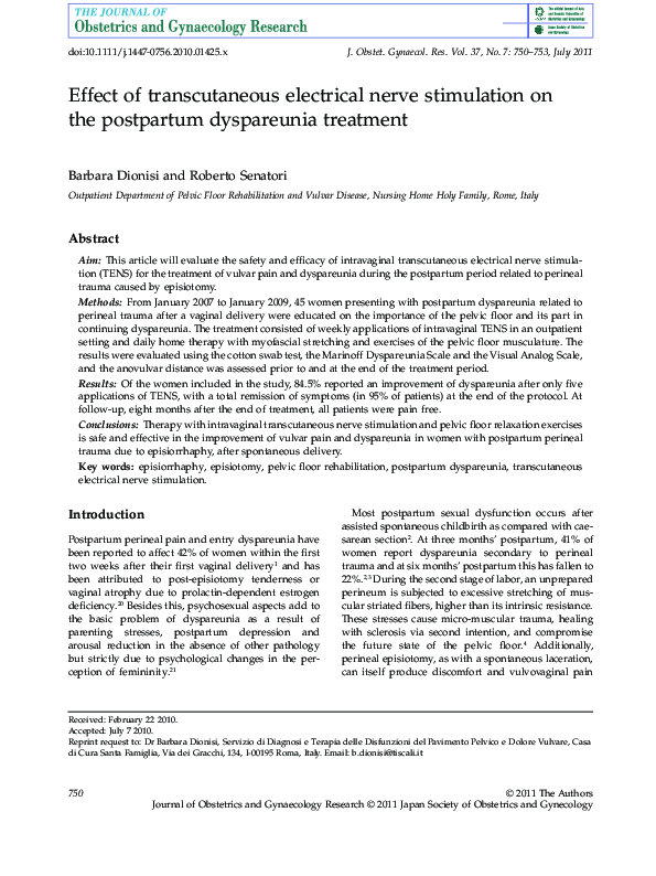 (PDF) Effect of transcutaneous electrical nerve stimulation on the postpartum dyspareunia treatment