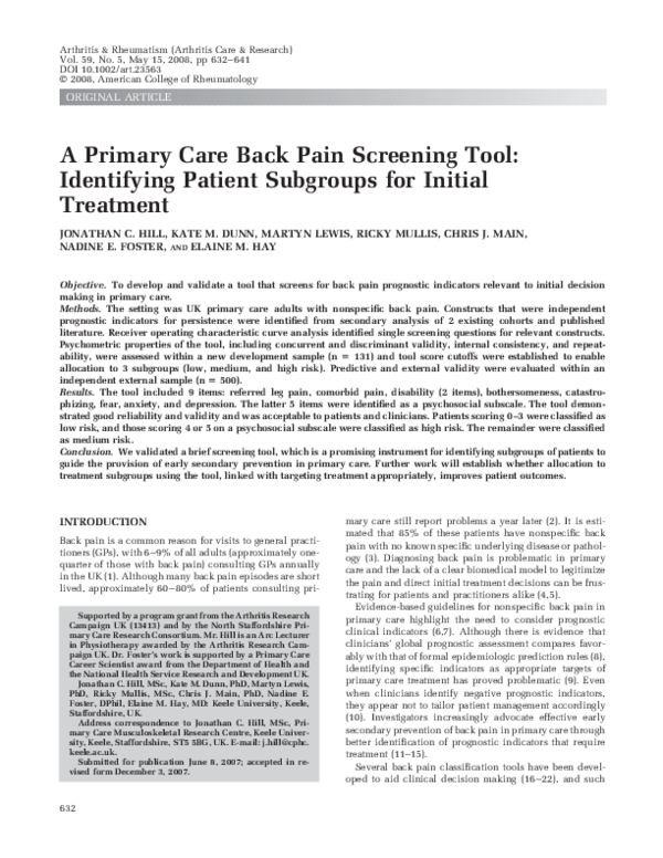 (PDF) A primary care back pain screening tool: Identifying patient ...