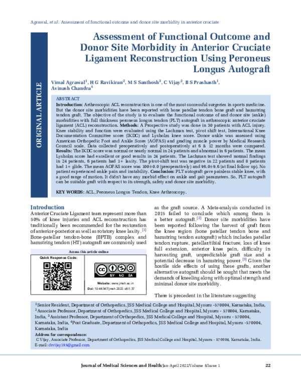 Assessment of Functional Outcome and Donor Site Morbidity in Anterior ...