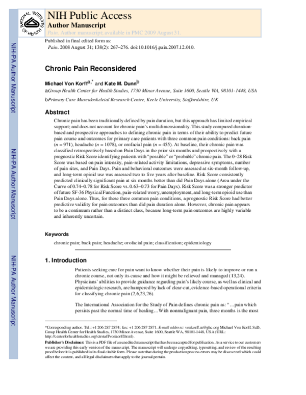 (PDF) Improving Chronic Pain Definition with Risk Score