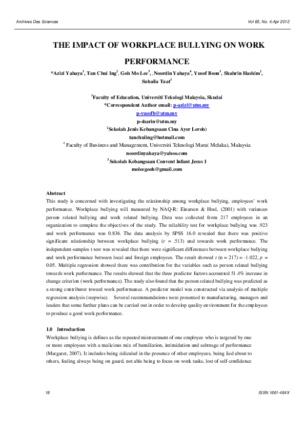 (PDF) The Impact of Workplace Bullying towards Work Performance